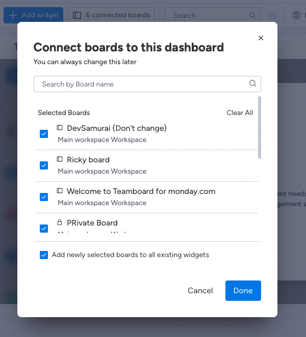 Manage multiple boards in a dashboard widget